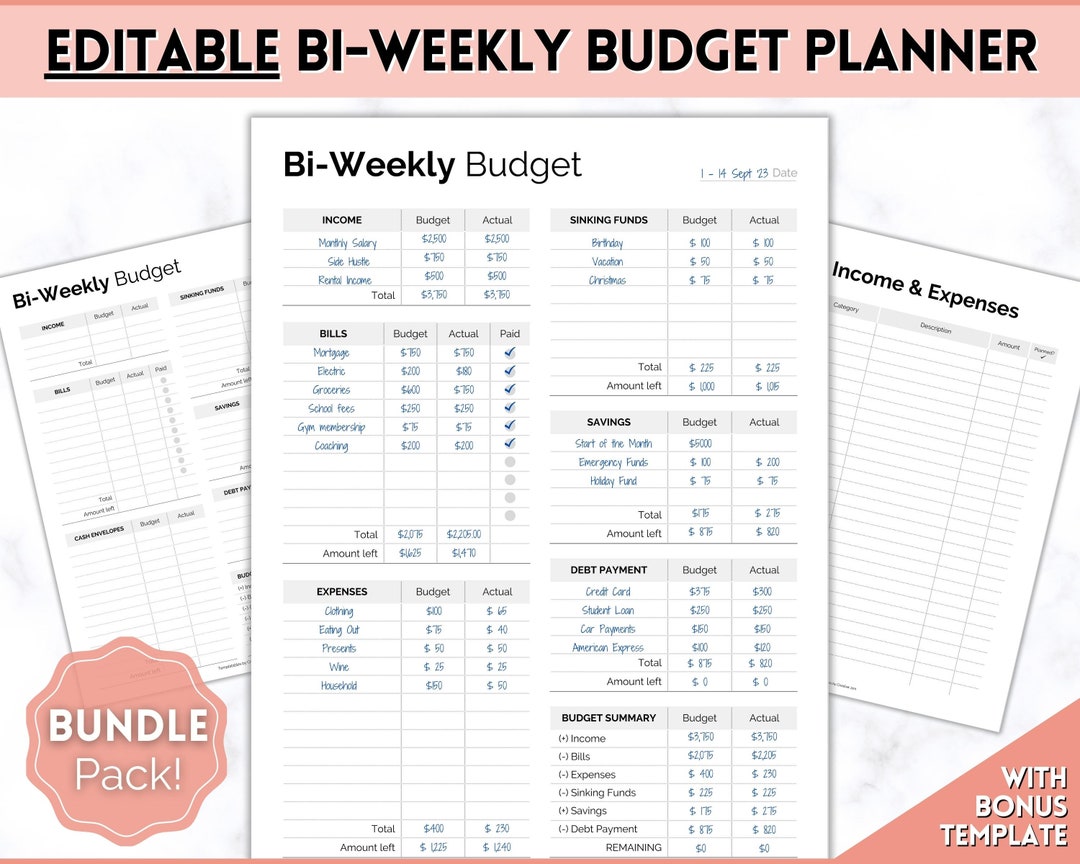 EDITABLE Biweekly Budget Planner, Bi-weekly Template, PDF Printable ...