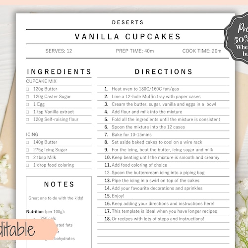 Recipe Book Template EDITABLE Recipe Sheet Template Recipe - Etsy Canada