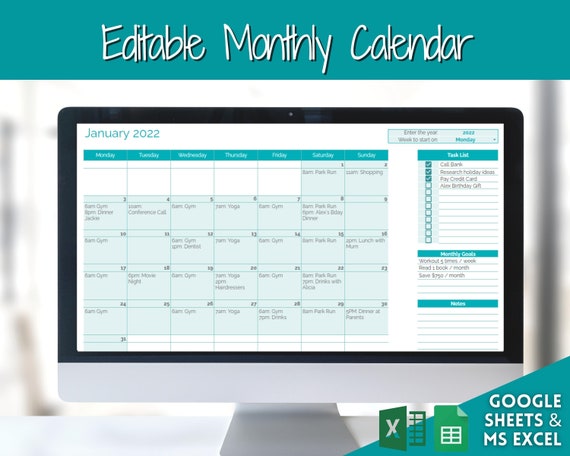 EDITABLE Monthly Calendar Monthly Planner Template Automated - Etsy
