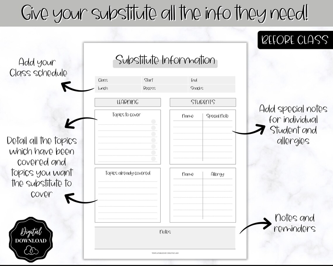 Substitute Teacher Report Printable Teacher Planner Template - Etsy