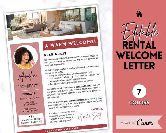 Airbnb & VRBO Welcome LETTER Template Editable Canva Air Bnb - Etsy Ireland