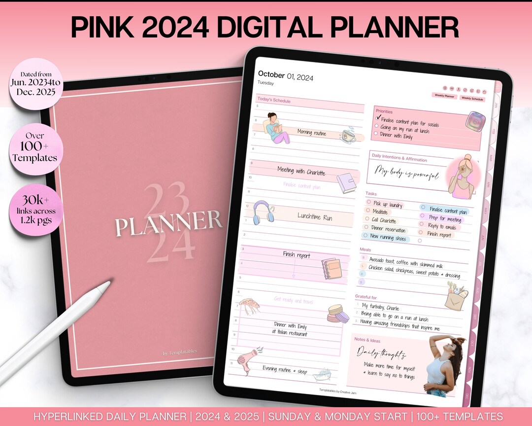 2024 Digital Planner, Pink Daily, Weekly, Monthly Planner, PINK iPad ...