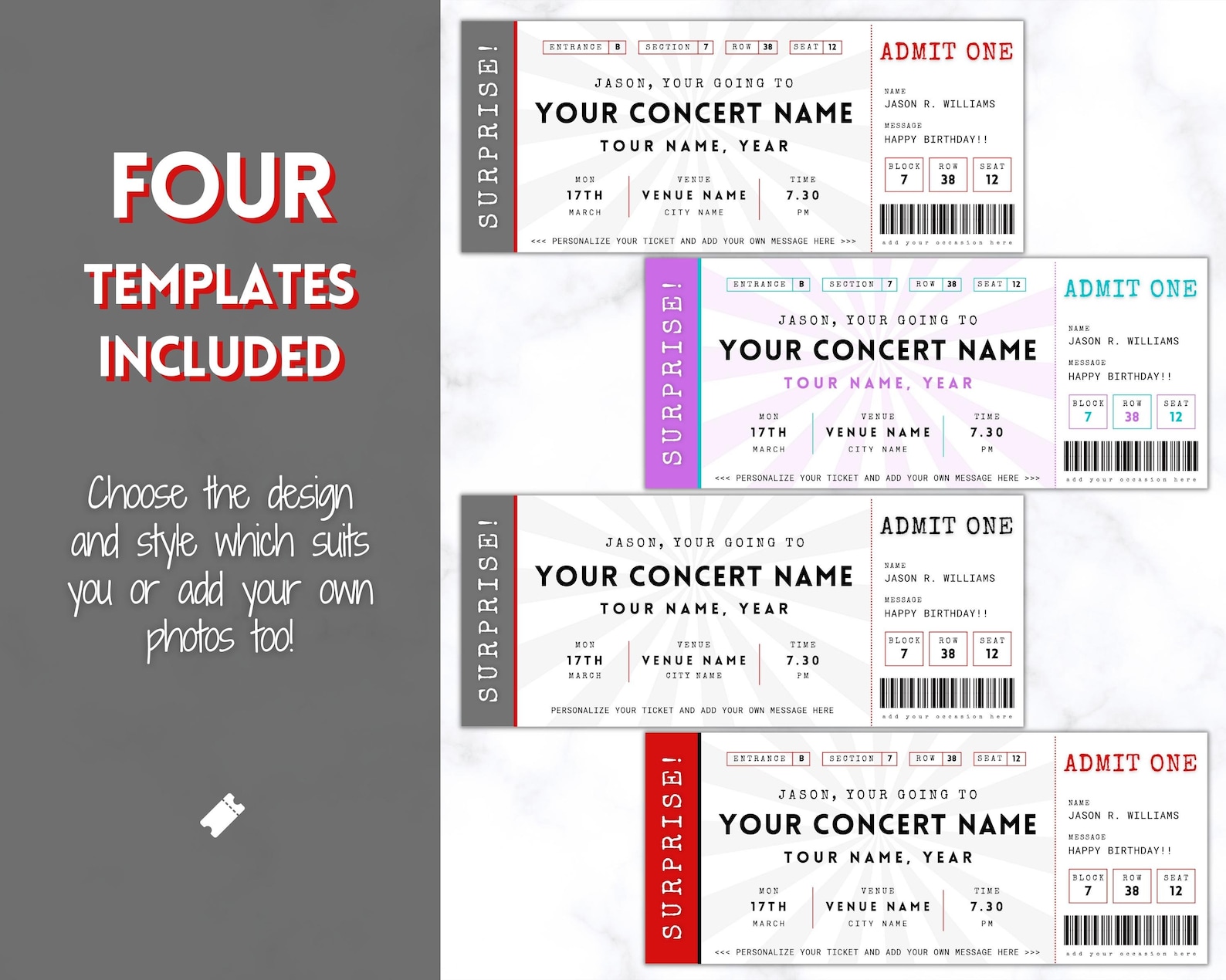 EDITABLE Concert Ticket Template Surprise Getaway Gift - Etsy