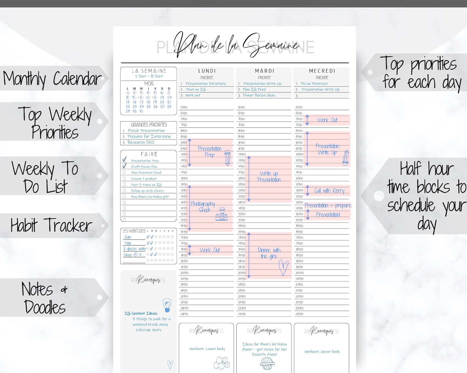 FRENCH Weekly Planner Printable Français Hourly Planner - Etsy