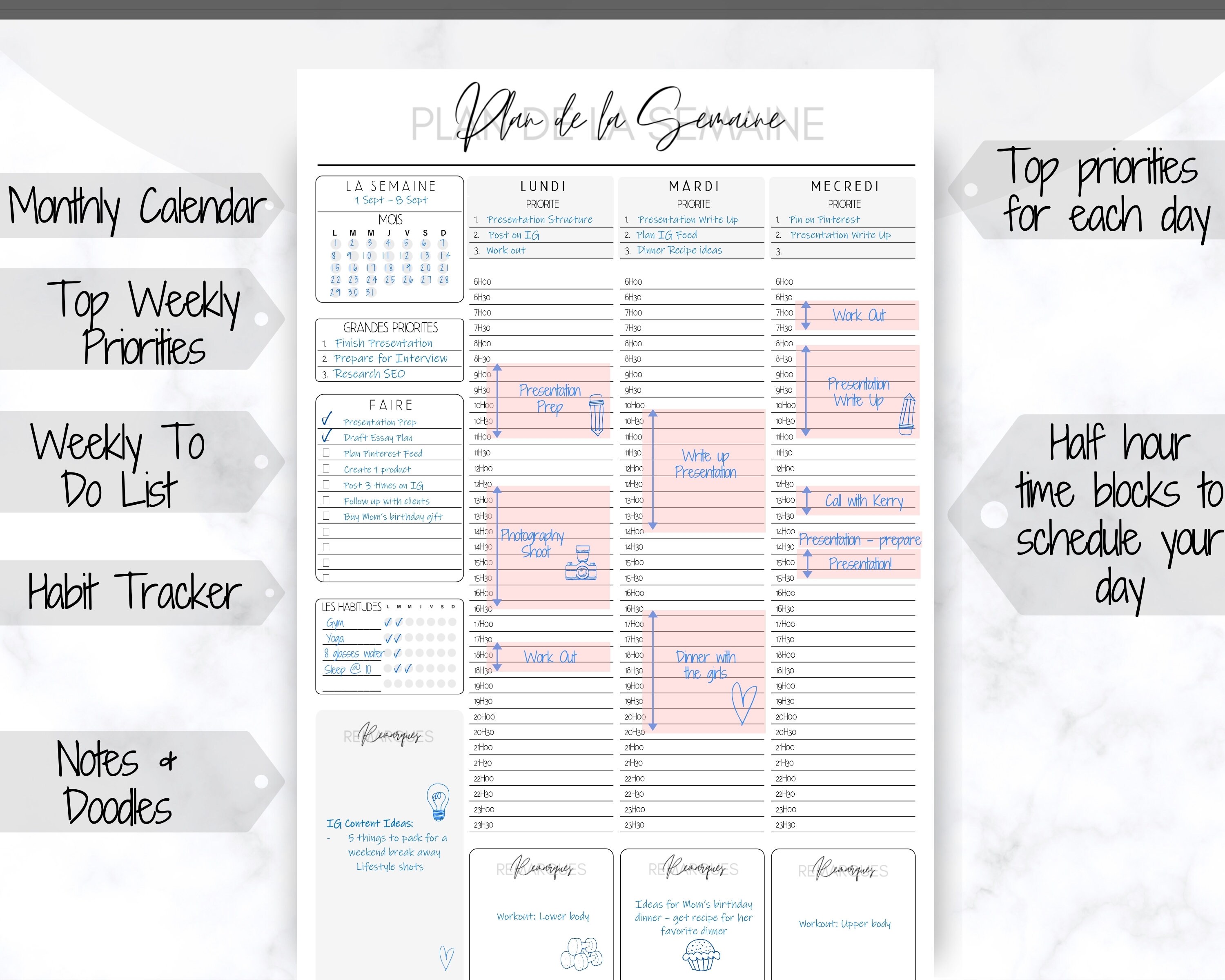 FRENCH Weekly Planner Printable Français Hourly Planner - Etsy