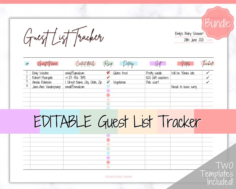 Guest List Template Editable Guest List Tracker With RSVP | Etsy