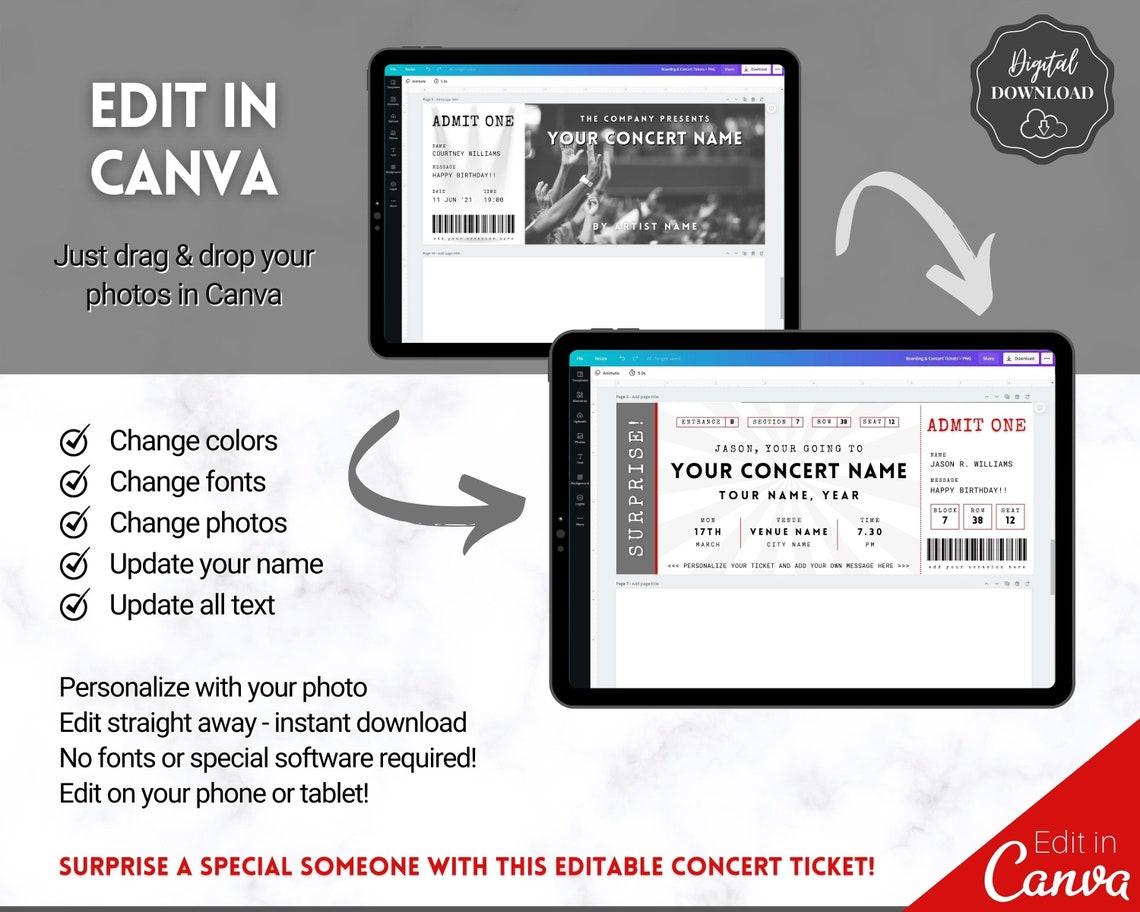 EDITABLE Concert Ticket Template Surprise Getaway Gift - Etsy