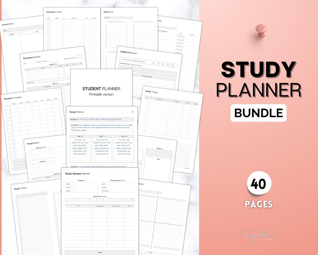 Study Planner Printable BUNDLE, 40+ Pg Student Planner, Academic ...