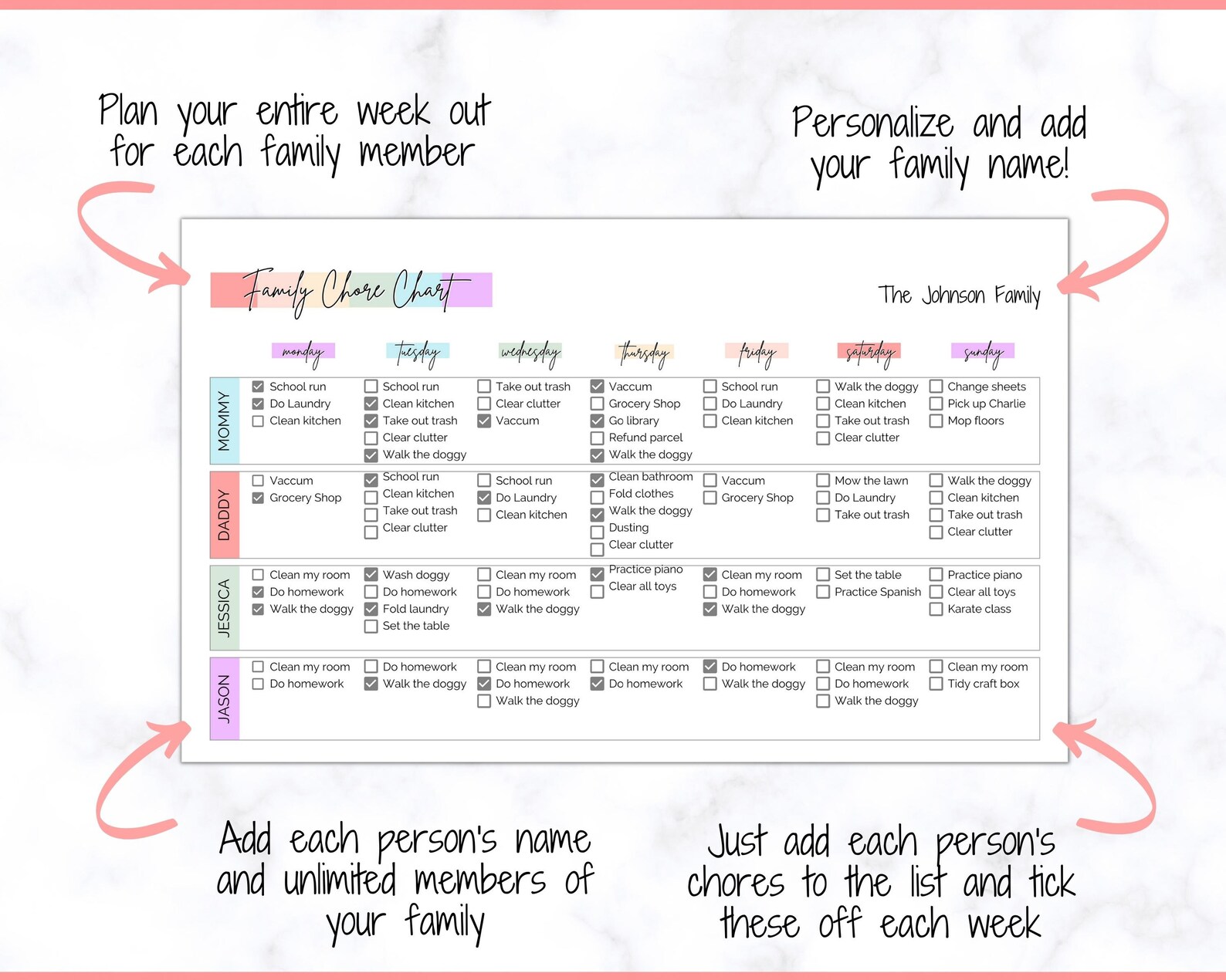 Weekly Chore Chart SPREADSHEET, Editable Family Planner Printable ...