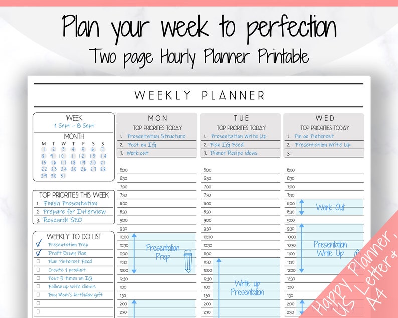 Hourly Planner Weekly Planner Printable Week on 2 Pages - Etsy