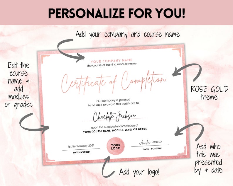 Certificate of Completion Template Editable Rose Gold | Etsy