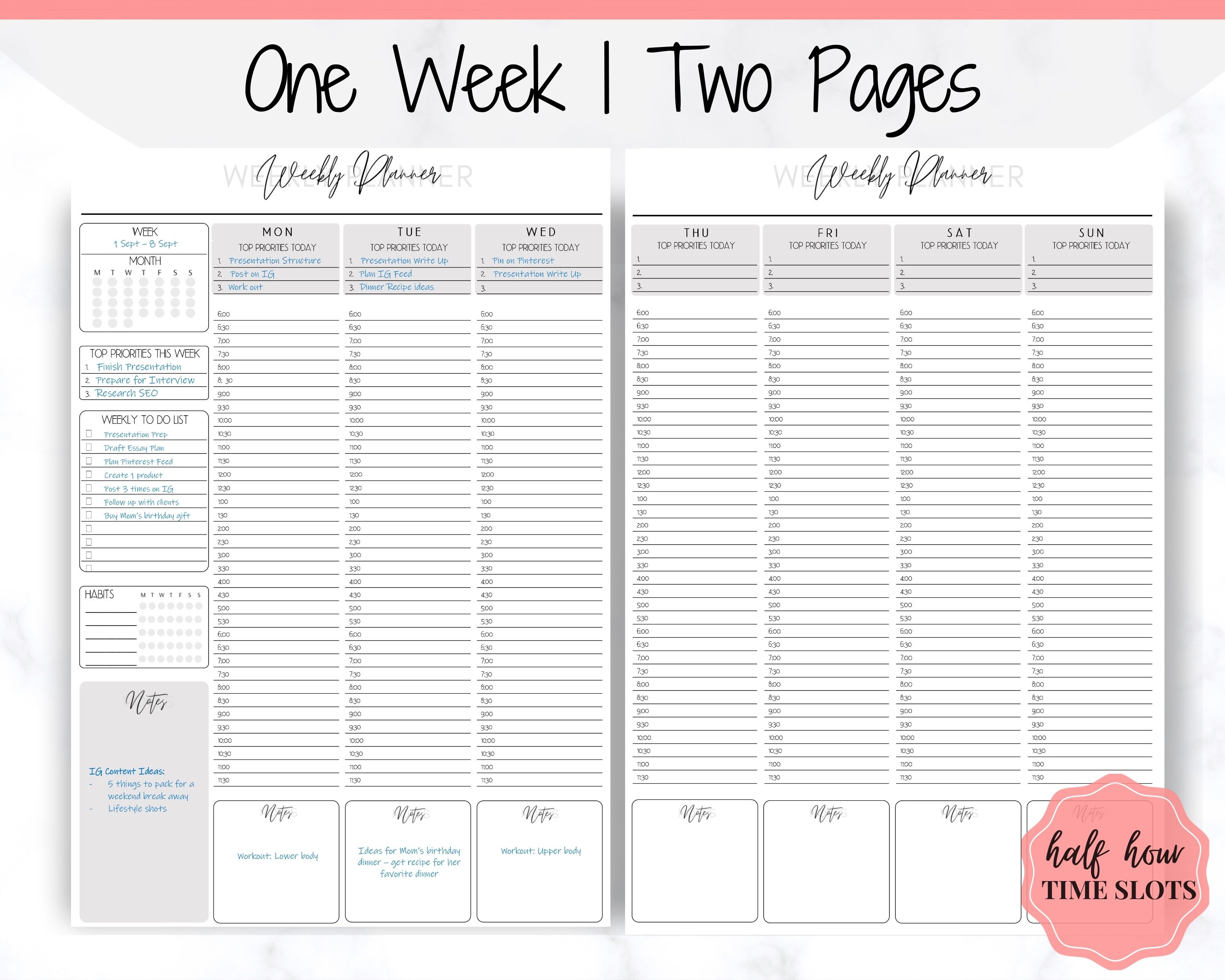 Weekly Planner Printable Hourly Planner Week on 2 Pages - Etsy
