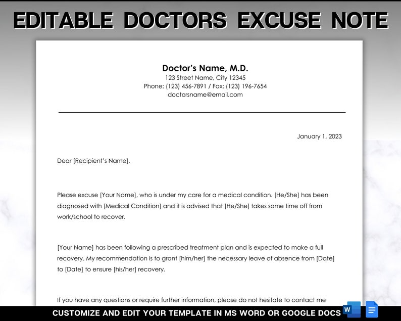Doctors Note Template, Editable Doctors Excuse Template, Fake Doctors ...