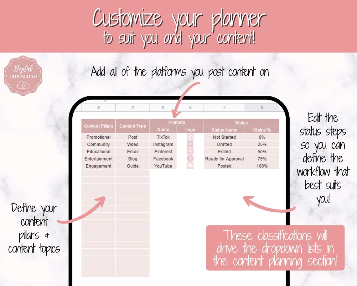 Editable Content Calendar, Google Sheets Spreadsheet, Social Media ...