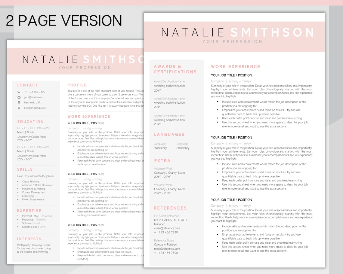 2 Page Resume Template Word. CV Template Professional CV | Etsy