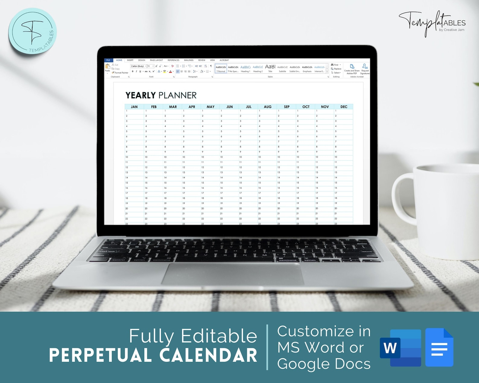 EDITABLE Perpetual Calendar, Undated Year at a Glance, Reusable ...