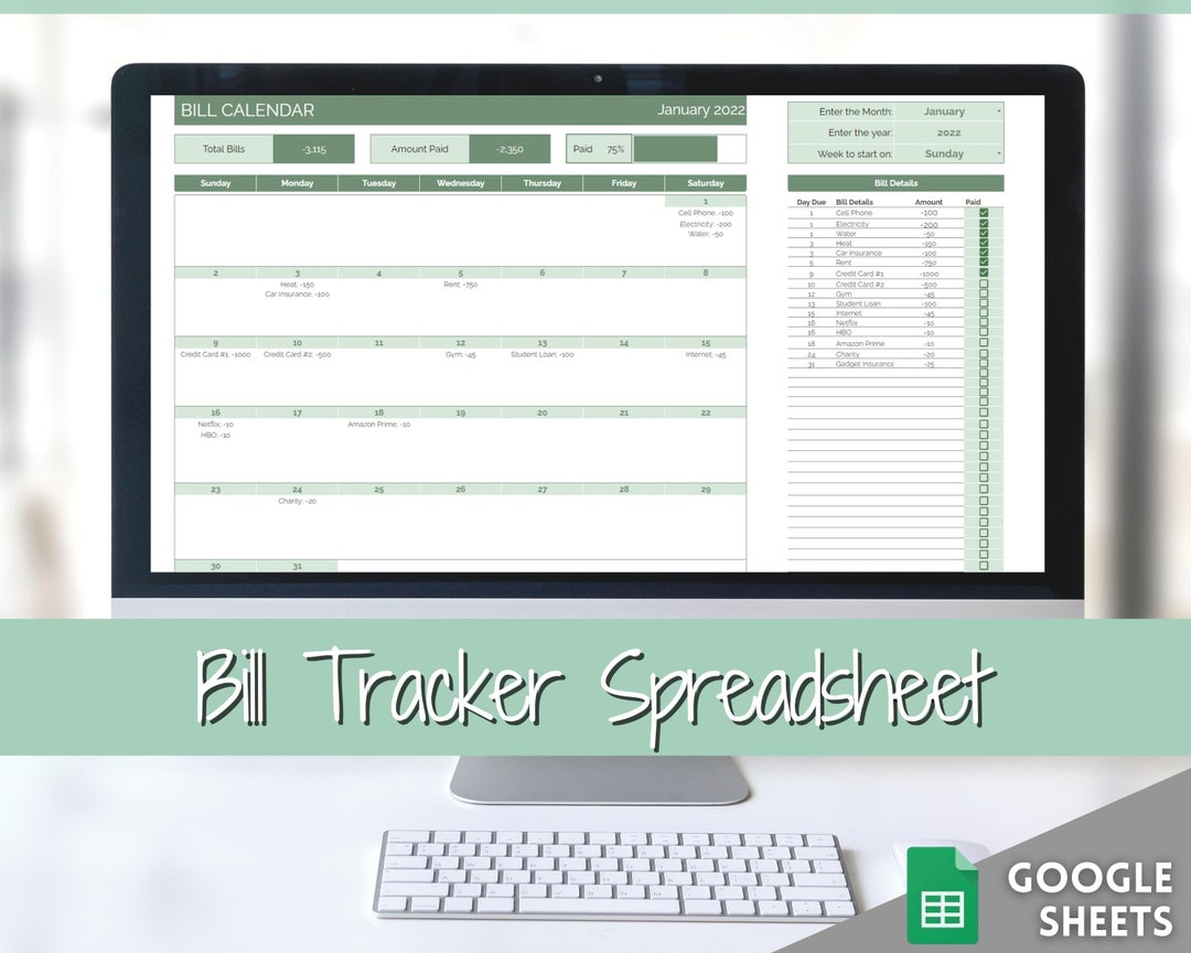 Bill Payment Tracker Spreadsheet Monthly Bill Calendar - Etsy