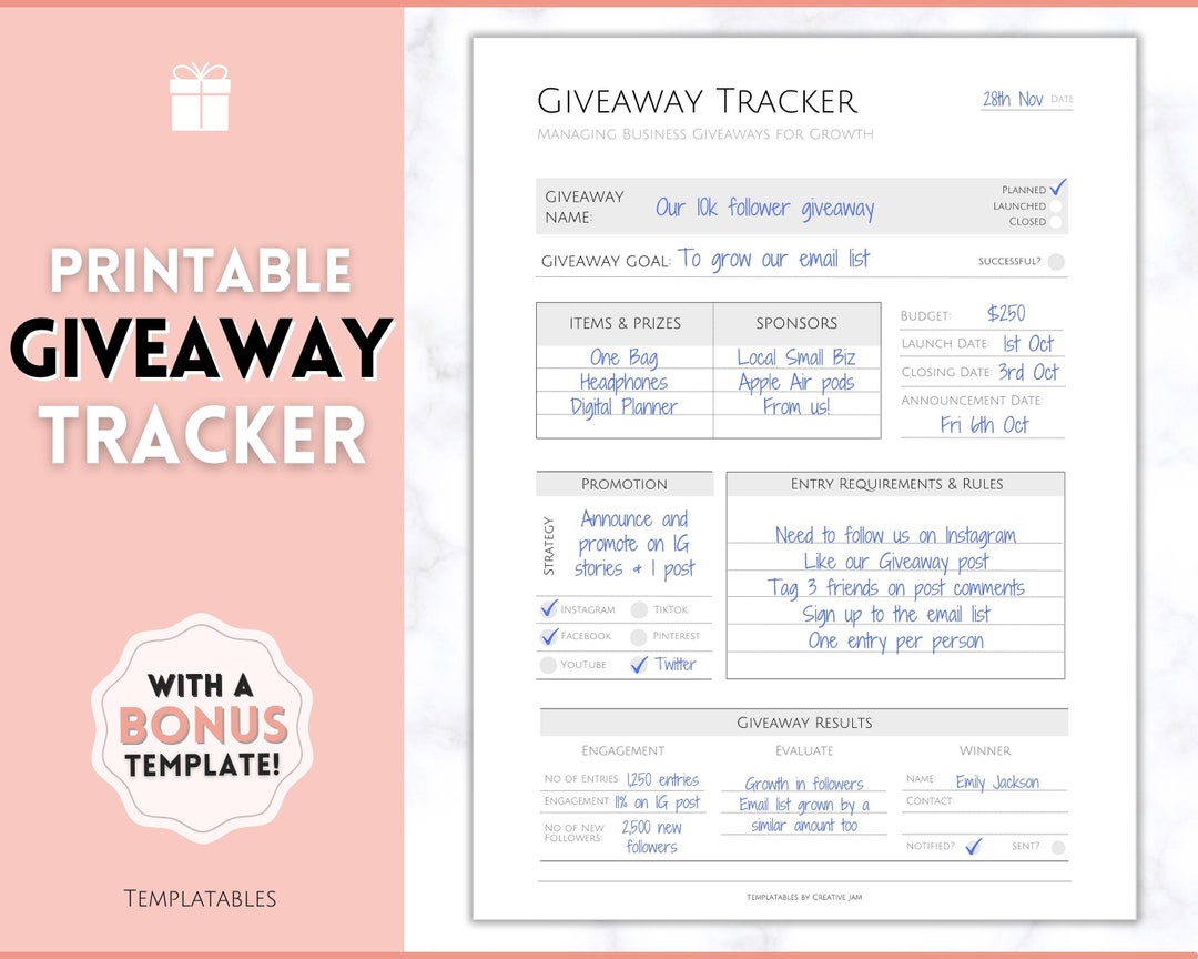 Giveaway Tracker, Social Media Planner, Printable Giveaway Template ...