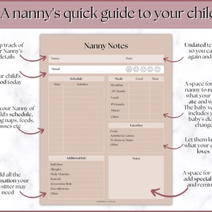 Nanny Schedule, Nanny Notes & Report Template for Baby, Babysitter Info ...