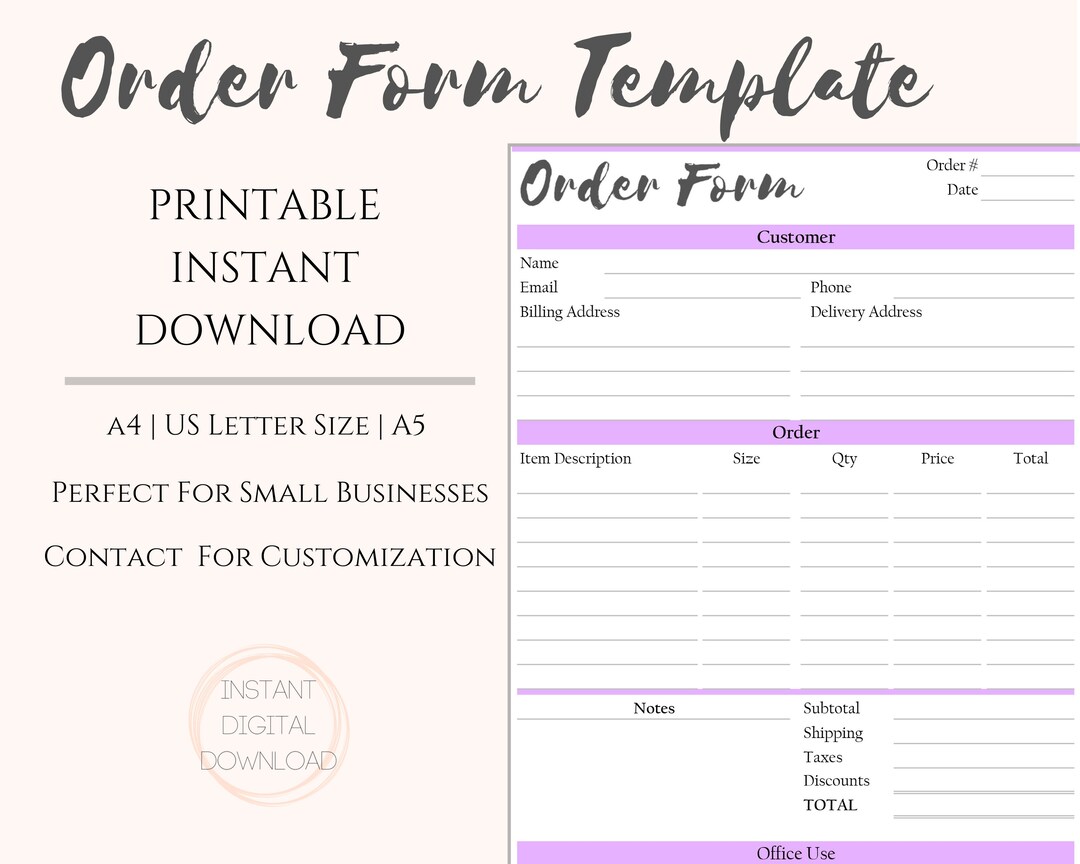 Order Form Template. Printable PURPLE Customer Order Sales Invoice ...