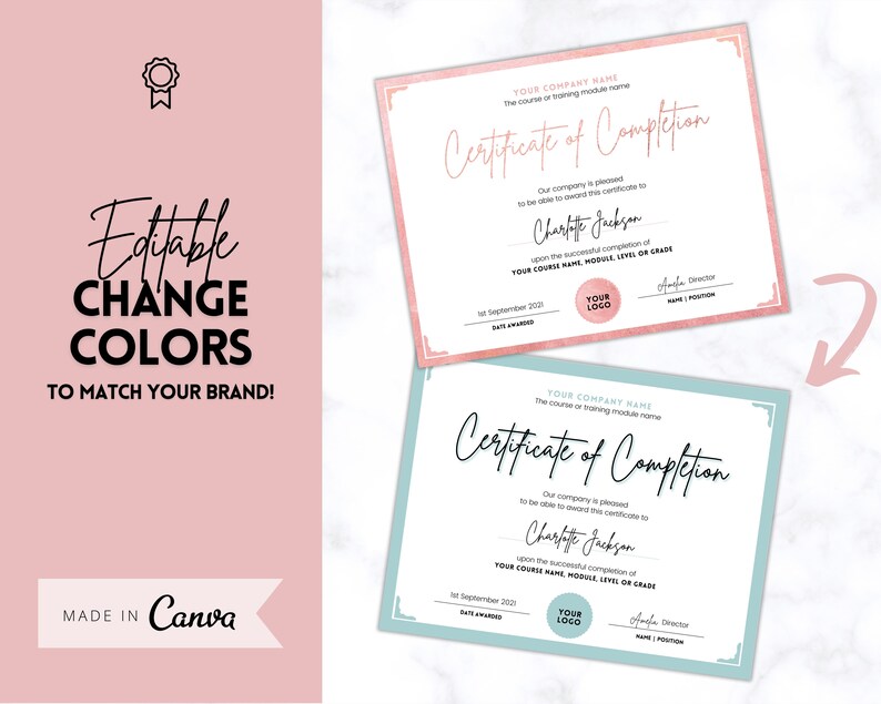 Certificate of Completion Template Editable Rose Gold | Etsy