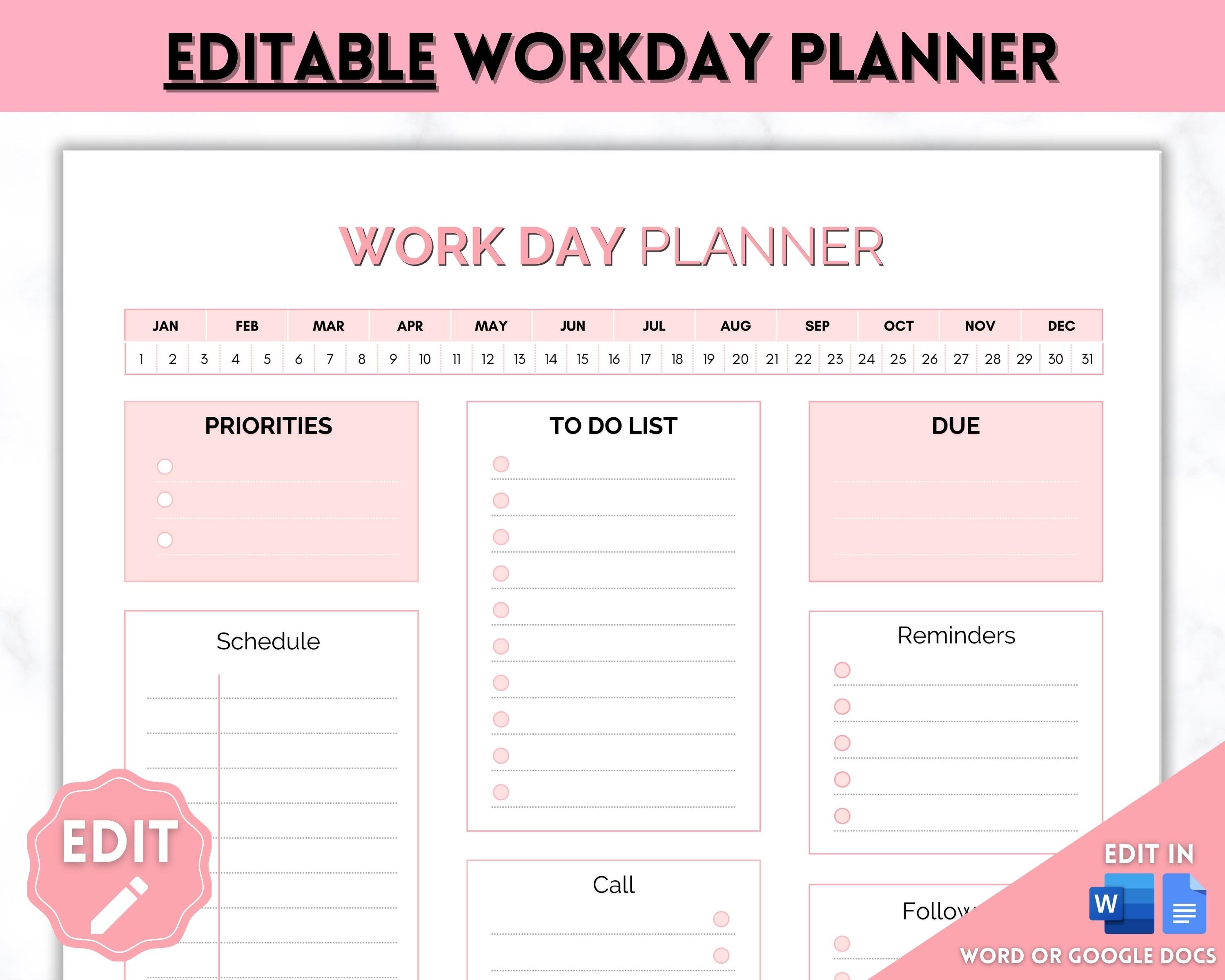 EDITABLE Daily Planner, Work Day Organizer, Work From Home to Do List ...