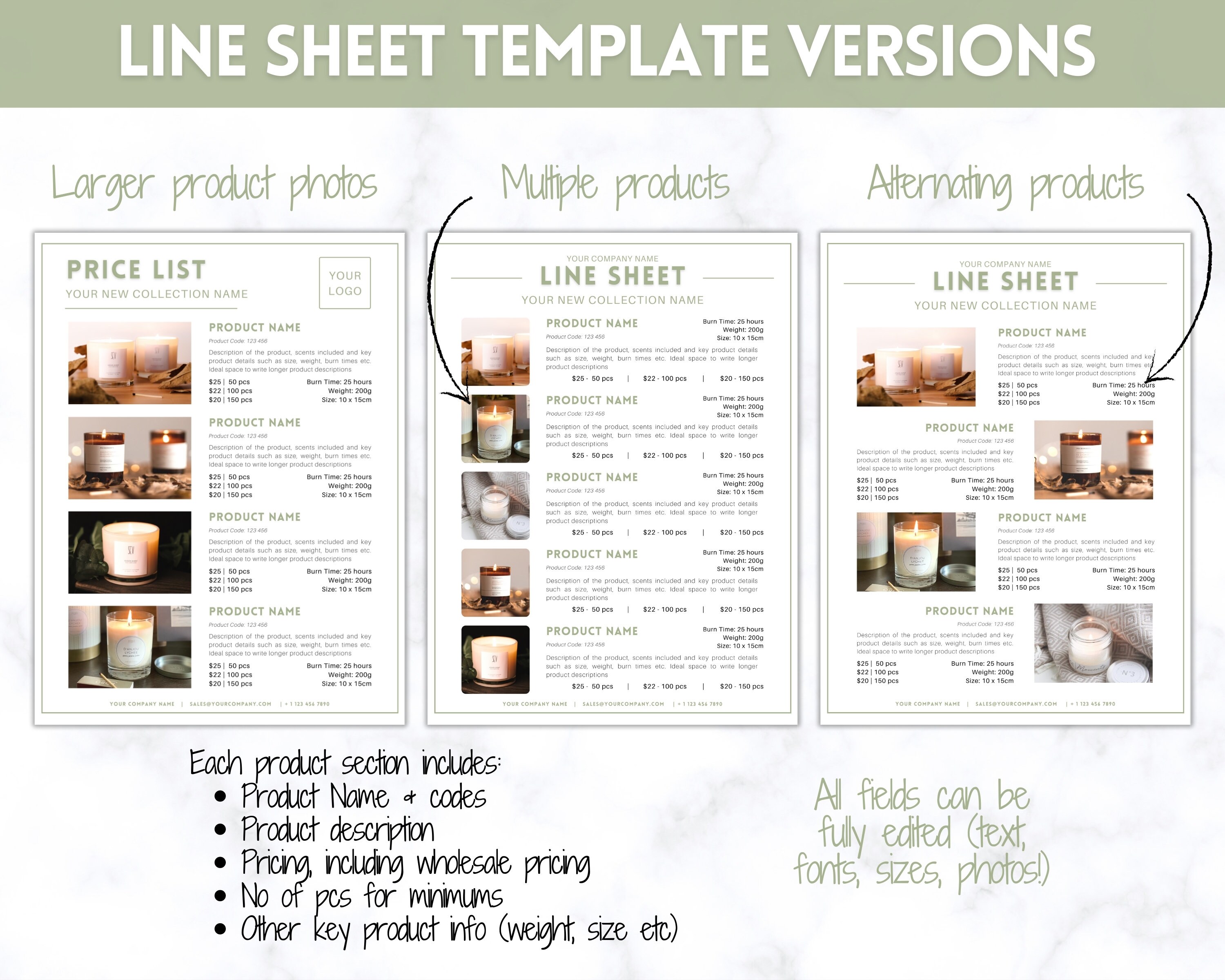Line Sheet for Wholesale. Price List Template Editable Candle | Etsy