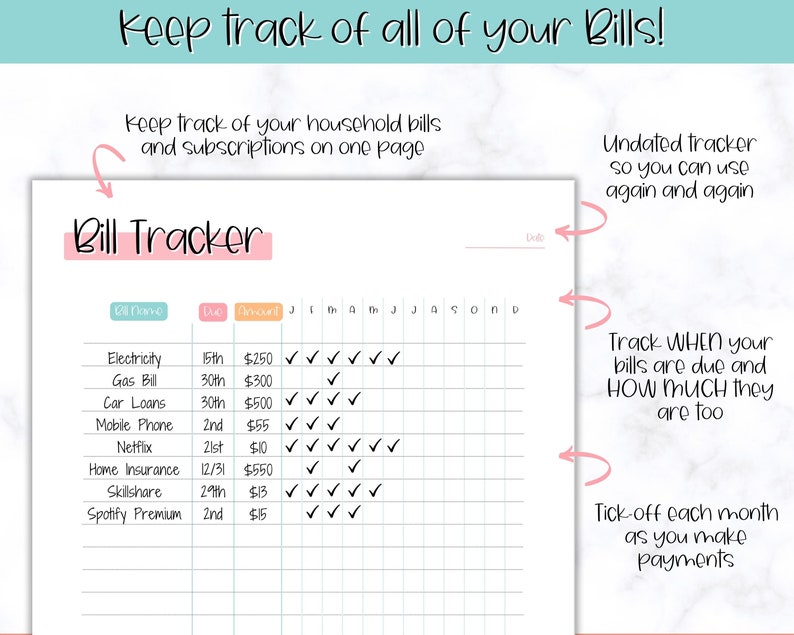 Bill Payment Tracker, Printable Monthly Bill Organizer & Checklist ...
