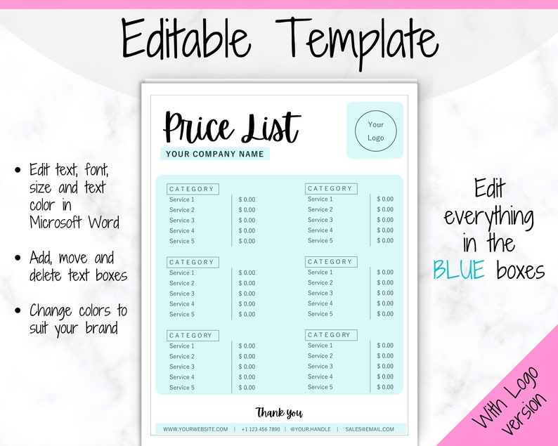 PRICE LIST Template Editable. Printable Price Sheet Price - Etsy