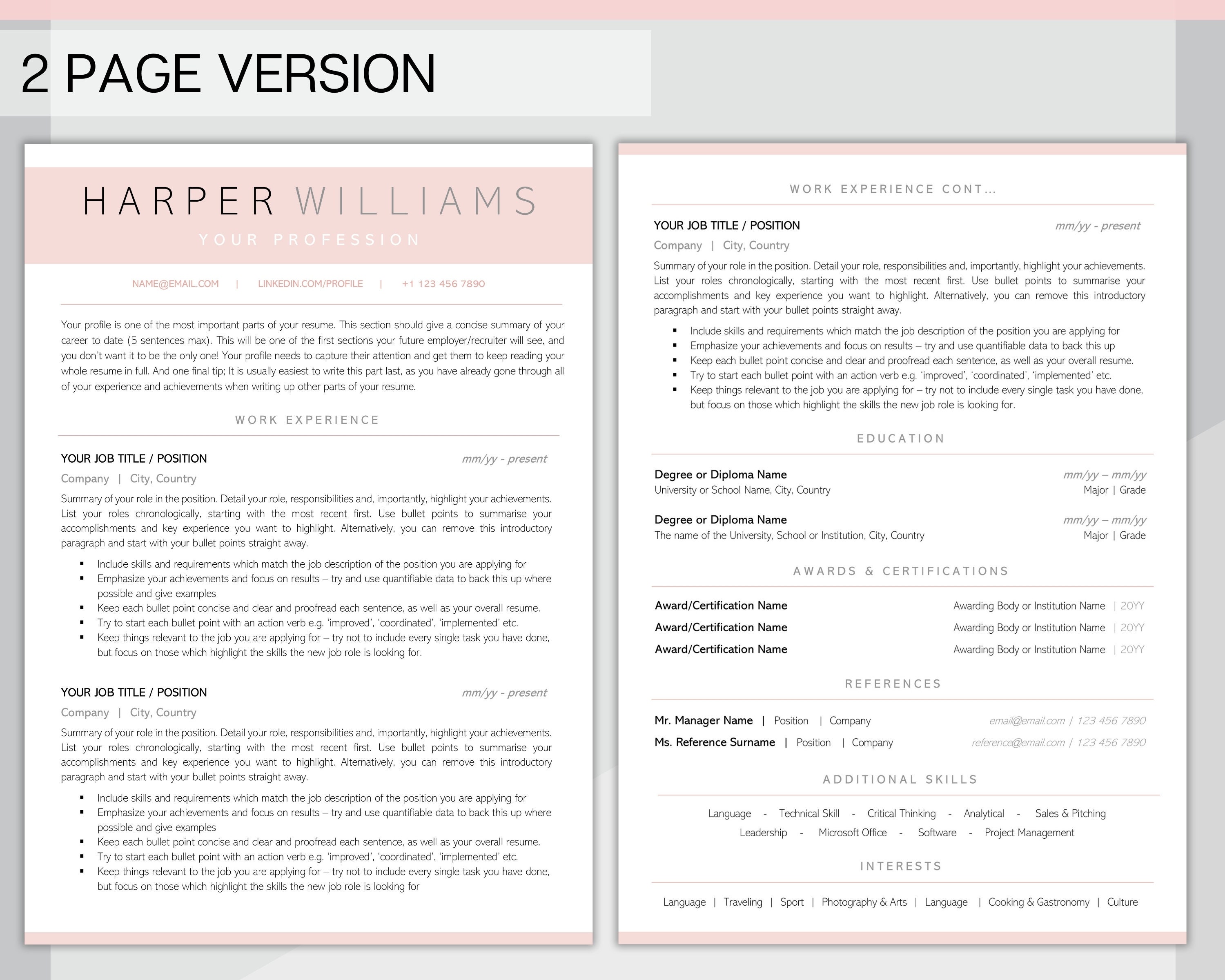 2 Page Resume Template Word. CV Template Professional CV | Etsy