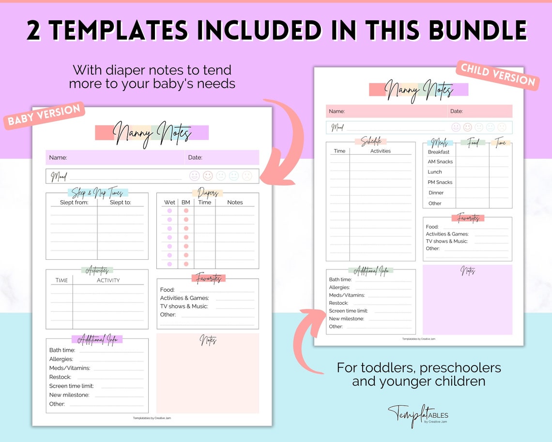 Nanny Schedule, Nanny Notes & Report Template for Baby, Babysitter Info ...