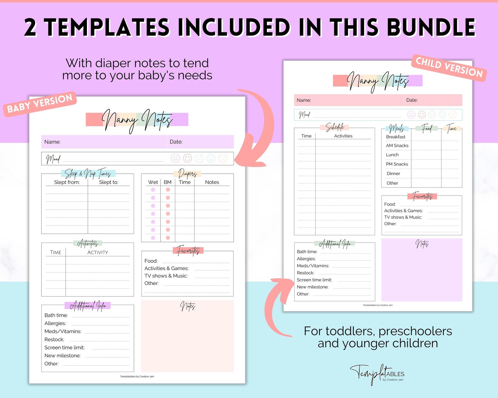 Nanny Schedule, Nanny Notes & Report Template for Baby, Babysitter Info ...