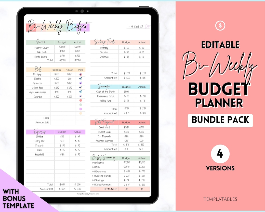 Bi-weekly Budget Planner, EDITABLE Biweekly Template, PDF Printable ...