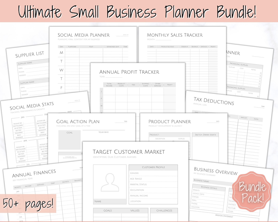 50 Business Planner Printables, Small Business Planner BUNDLE, Side ...