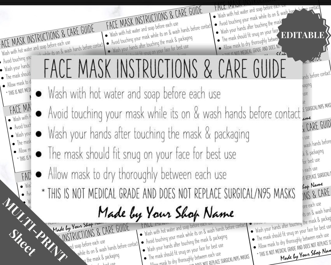 EDITABLE Face Mask LABEL Care Card, How to Handle Order Card, Face Mask ...