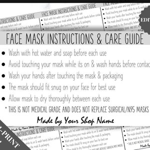 EDITABLE Face Mask LABEL Care Card, How to Handle Order Card, Face Mask ...