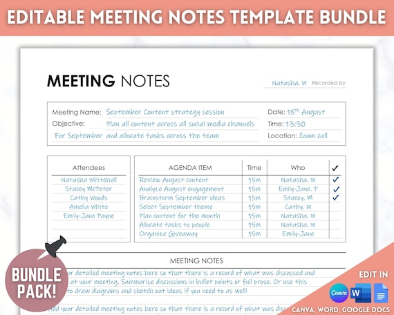 Editable Meeting Notes Template Printable Business Meeting - Etsy
