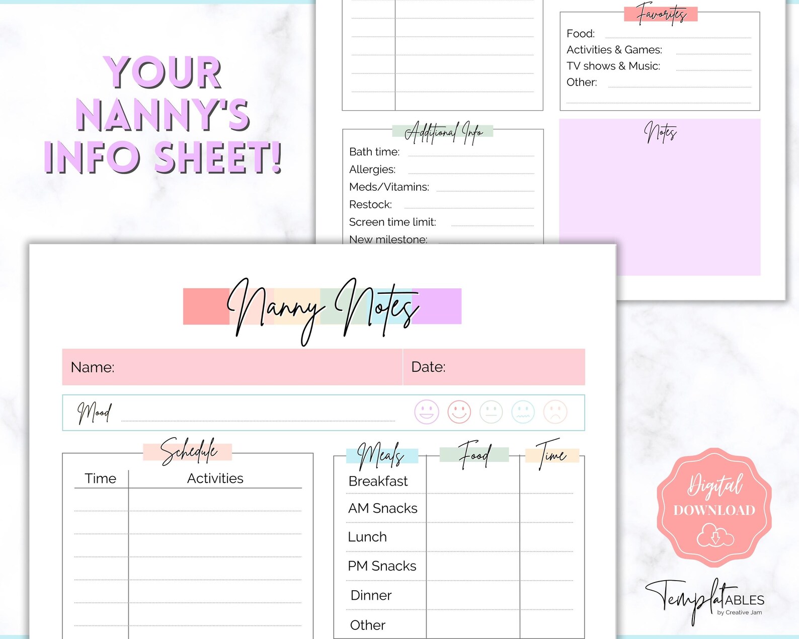 Nanny Schedule, Nanny Notes & Report Template for Baby, Babysitter Info ...