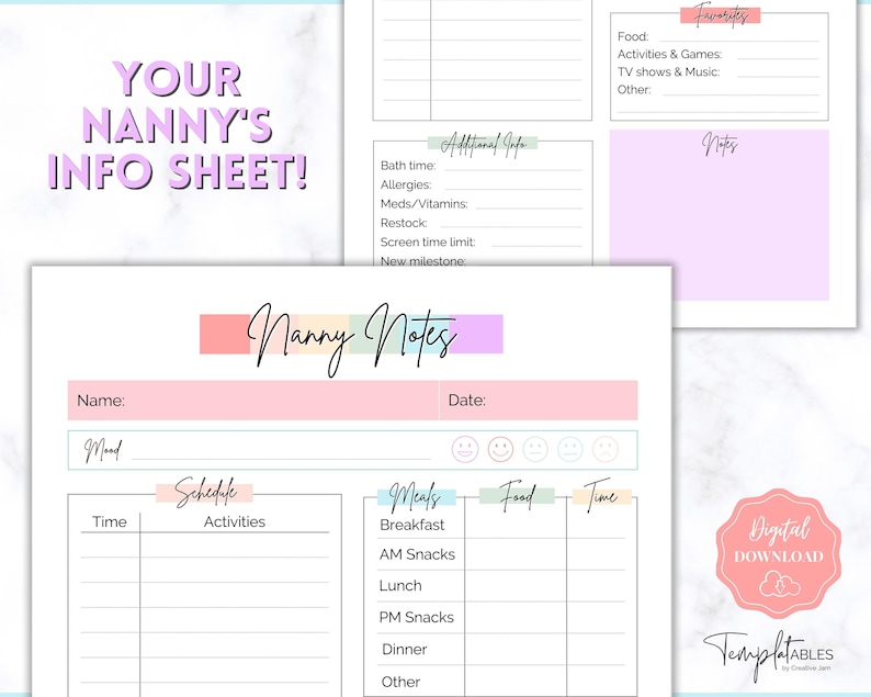 Nanny Schedule, Nanny Notes & Report Template for Baby, Babysitter Info ...