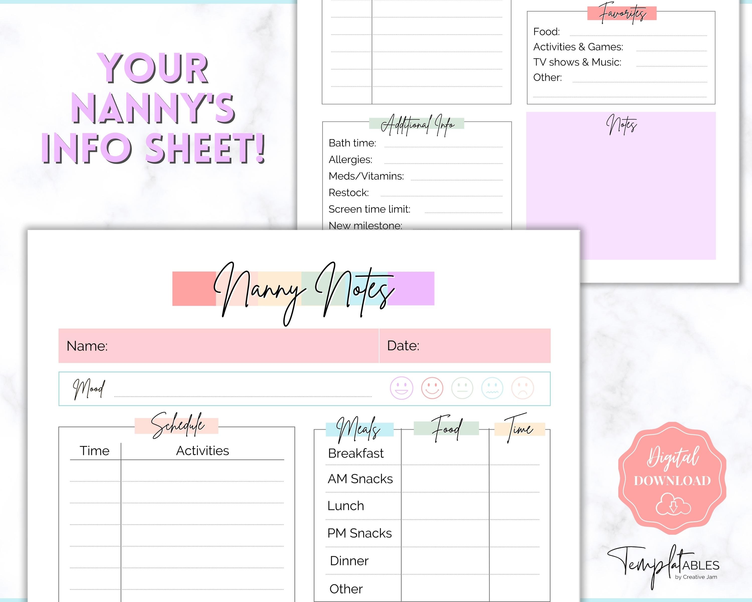 Nanny Schedule, Nanny Notes & Report Template for Baby, Babysitter Info ...