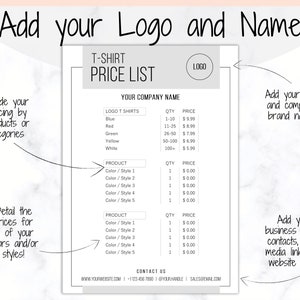 Tshirt PRICE LIST Template Editable. Printable Price Sheet, Price Guide ...
