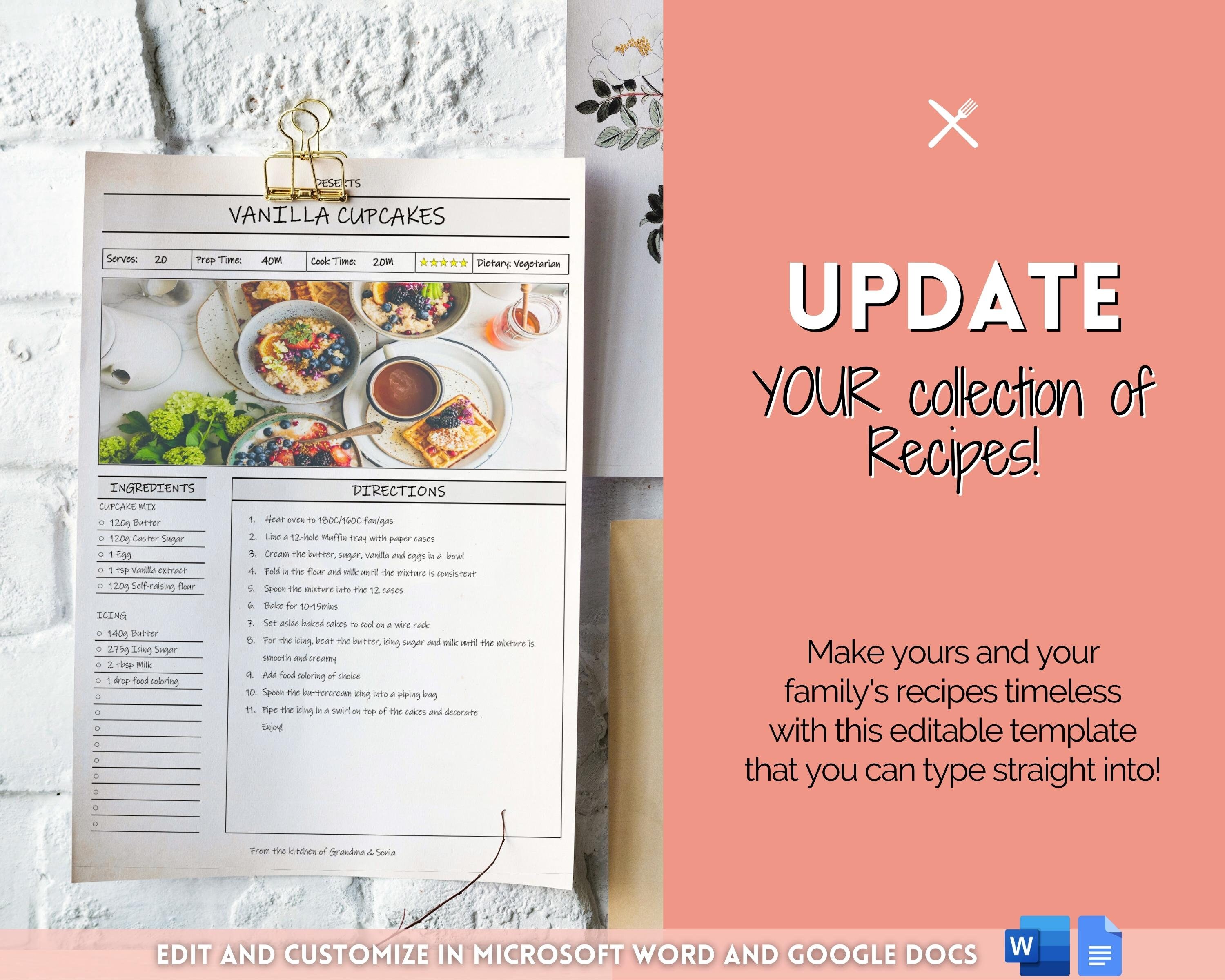 Recipe Book Template, EDITABLE Recipe Sheet Template, Recipe Cards ...