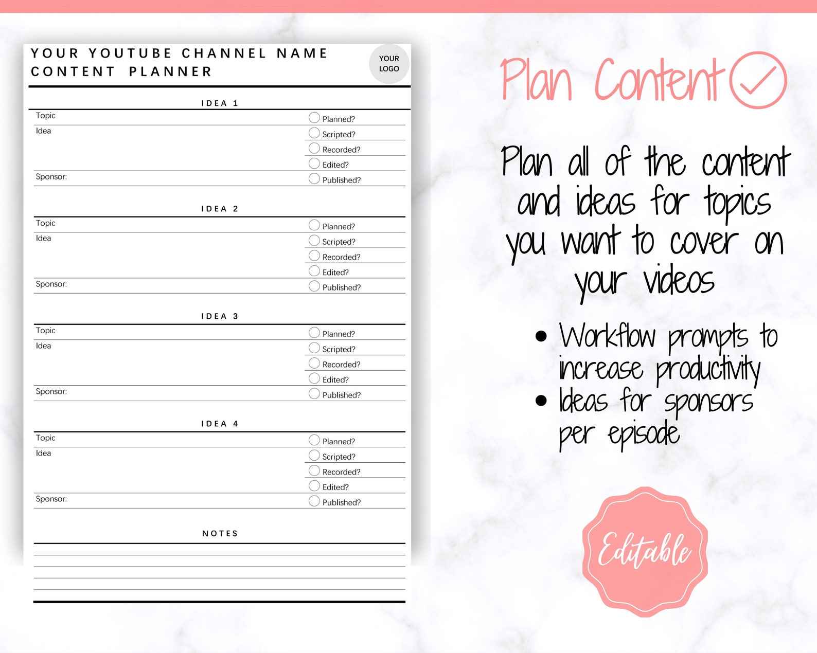 Youtube Planner, Video Planner, Social Media Content Calendar, EDITABLE ...