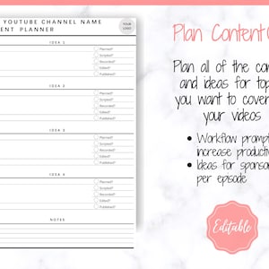 Youtube Planner, Video Planner, Social Media Content Calendar, EDITABLE ...