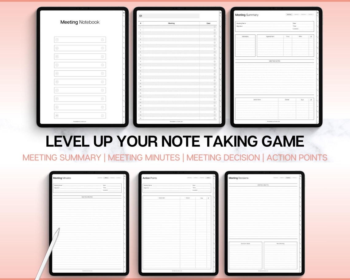 Digital Meeting Notes Template, Editable Meeting Minutes, Digital ...