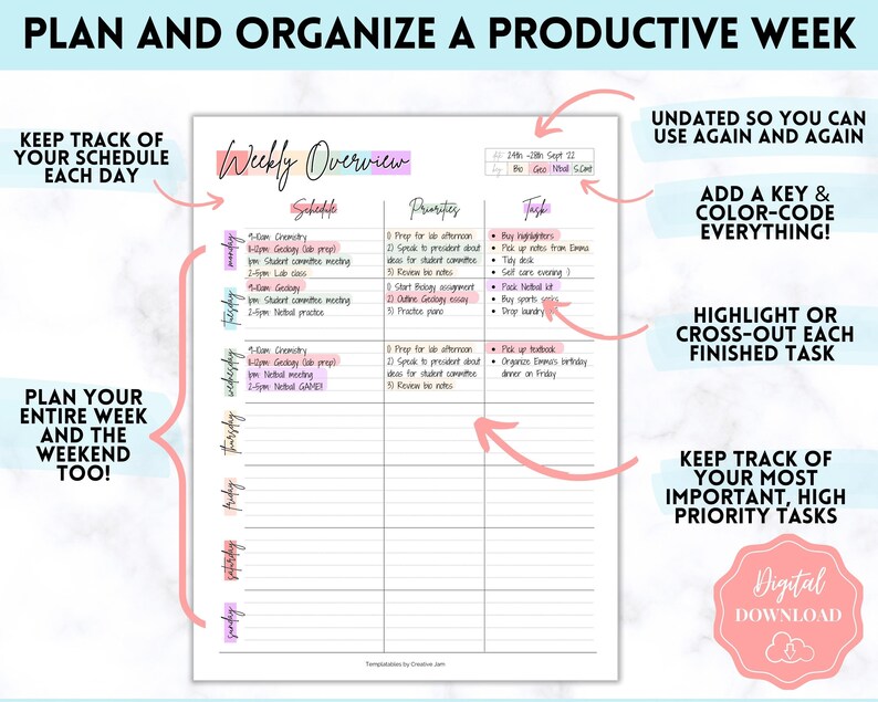College Student Weekly Planner Printable Weekly Schedule - Etsy