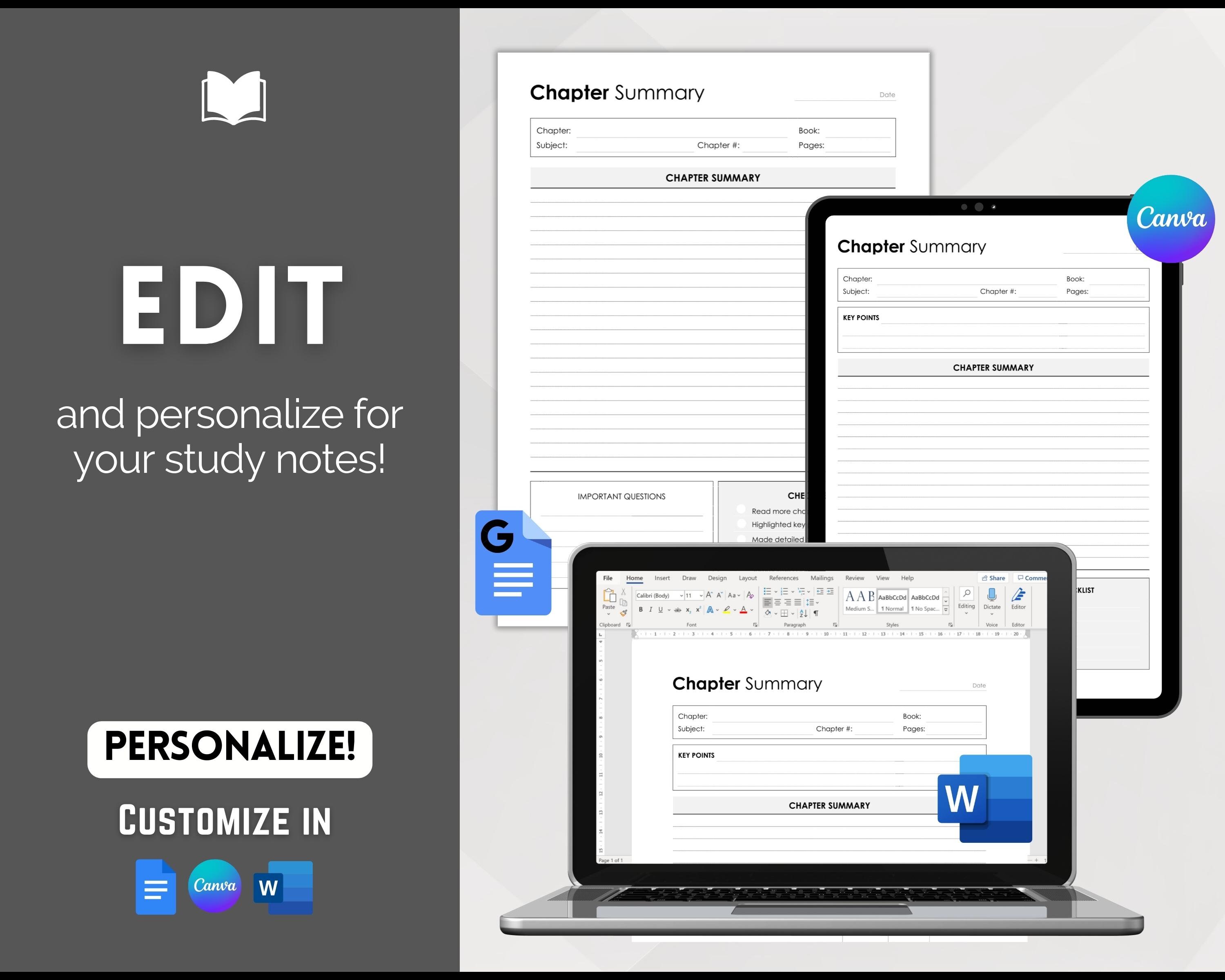 EDITABLE Chapter Summary Template Study Guide Textbook - Etsy UK