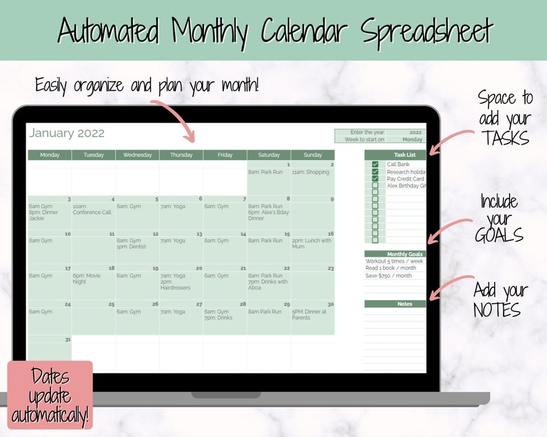 EDITABLE Monthly Calendar Monthly Planner Template Automated - Etsy