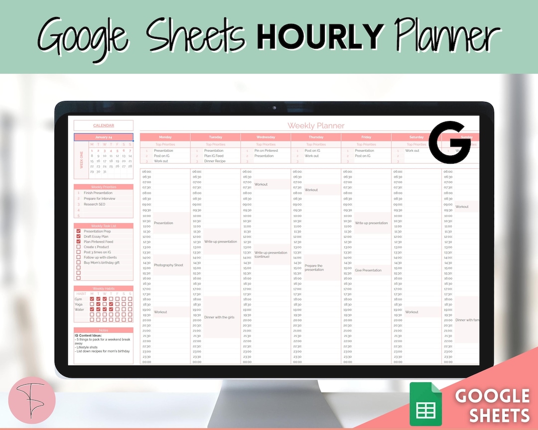 Google Sheets Weekly Hourly Planner, EDITABLE Spreadsheet, Weekly ...