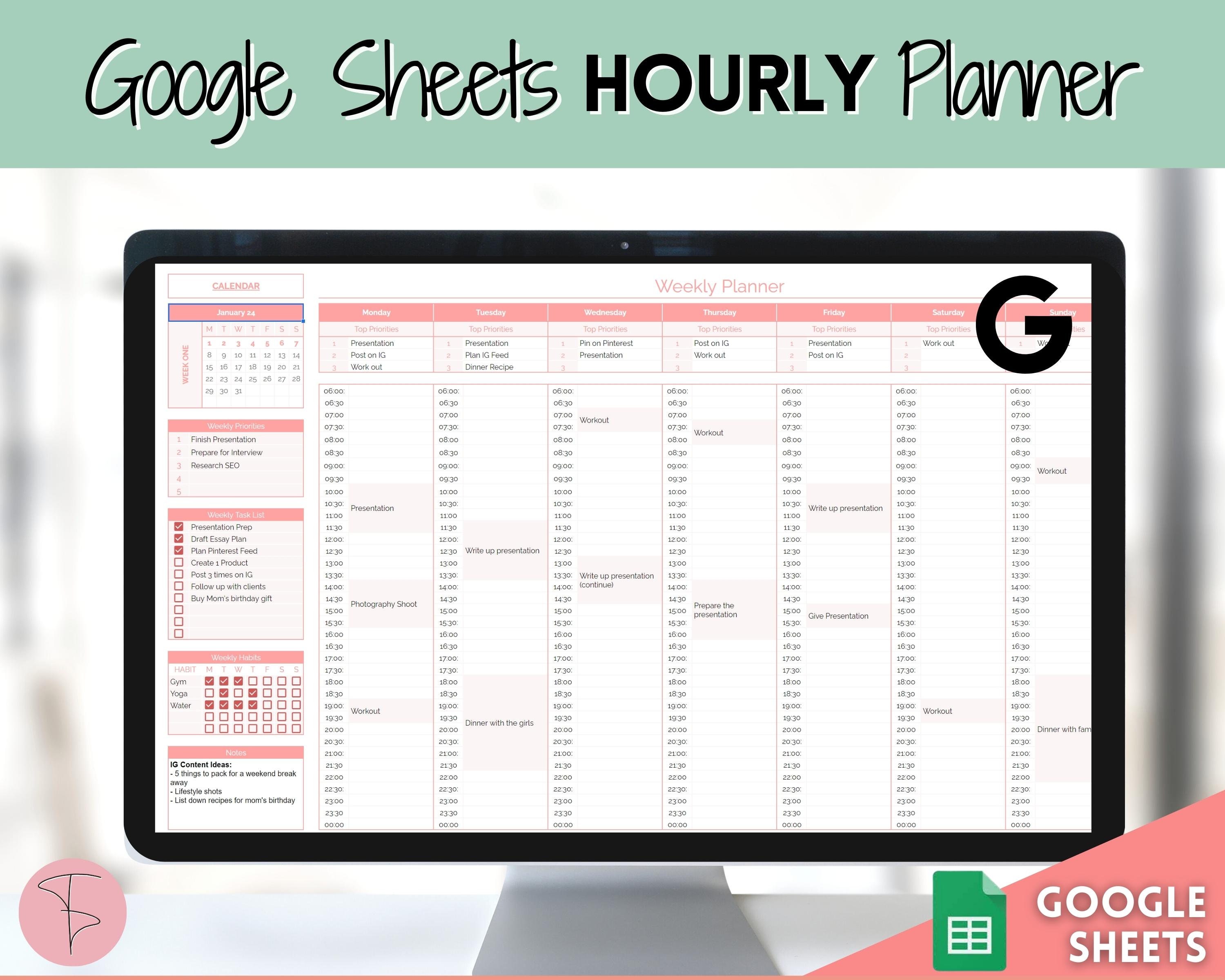 Google Sheets Weekly Hourly Planner, EDITABLE Spreadsheet, Weekly ...